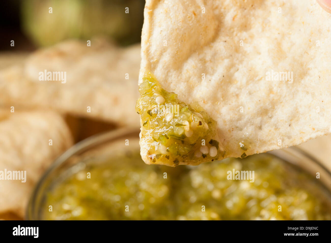 Fresh Homemade Salsa Verde with tortilla chips Stock Photo - Alamy