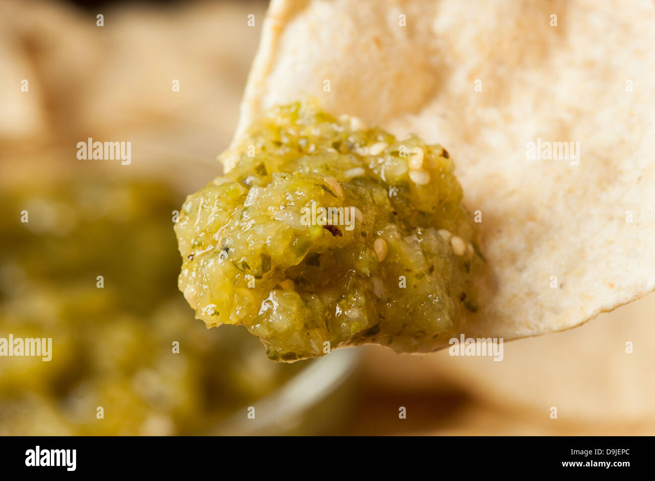 Fresh Homemade Salsa Verde with tortilla chips Stock Photo - Alamy