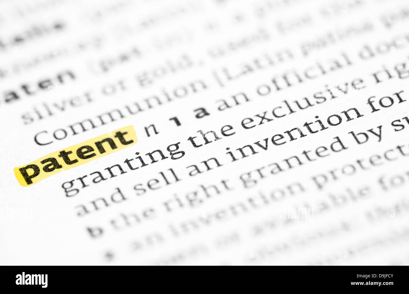 The word patent highlighted in a dictionary Stock Photo - Alamy