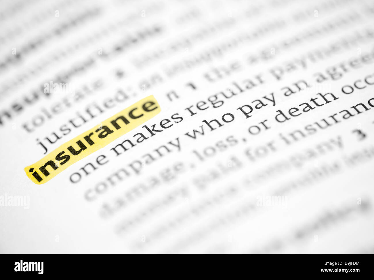 The word insurance highlighted in a dictionary Stock Photo - Alamy