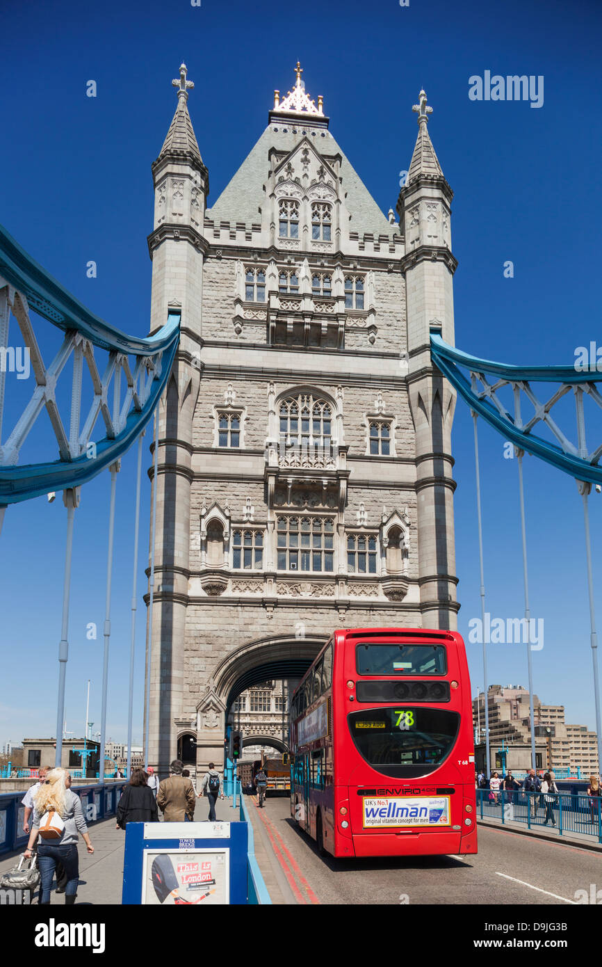 England, London, Southwark, Tower Bridge and Double Decker Bus Stock ...
