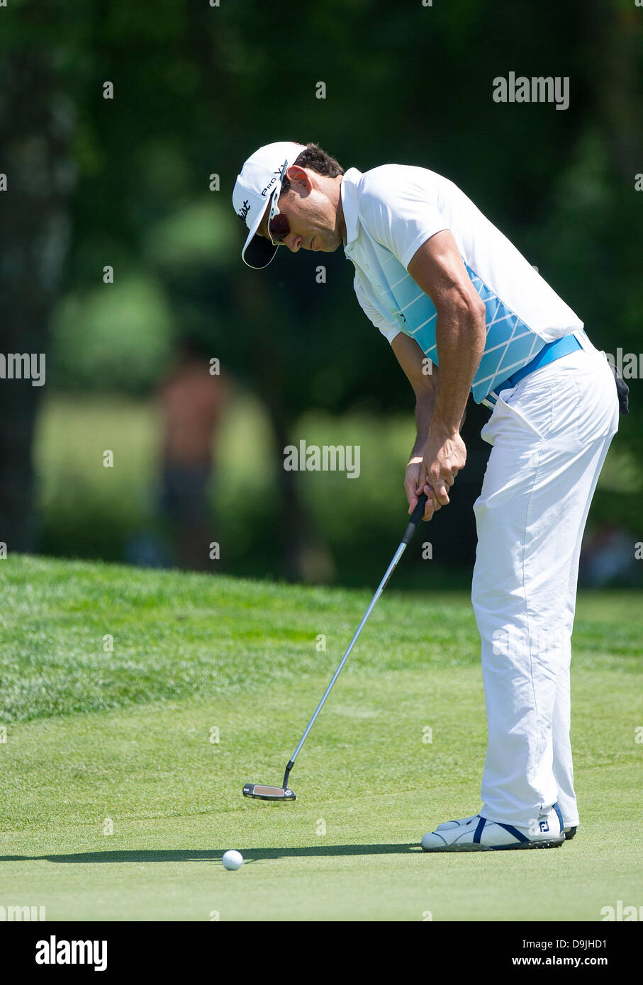 Spanish golf player Rafael Cabrera-Bello hits the ball at the BMW Open ...