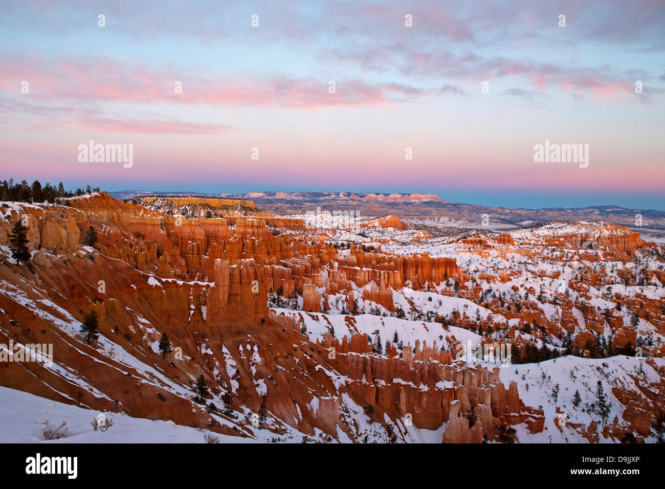 Hoodoo rock formations and snow at sunset, Bryce Amphitheater, Bryce ...