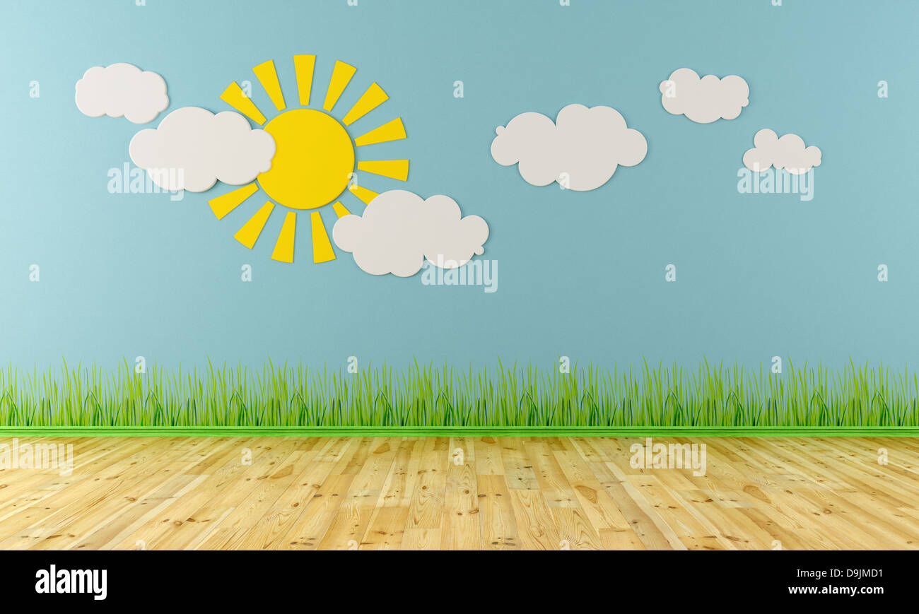 Empty child room with sun,clouds and grass on blue wall - rendering ...