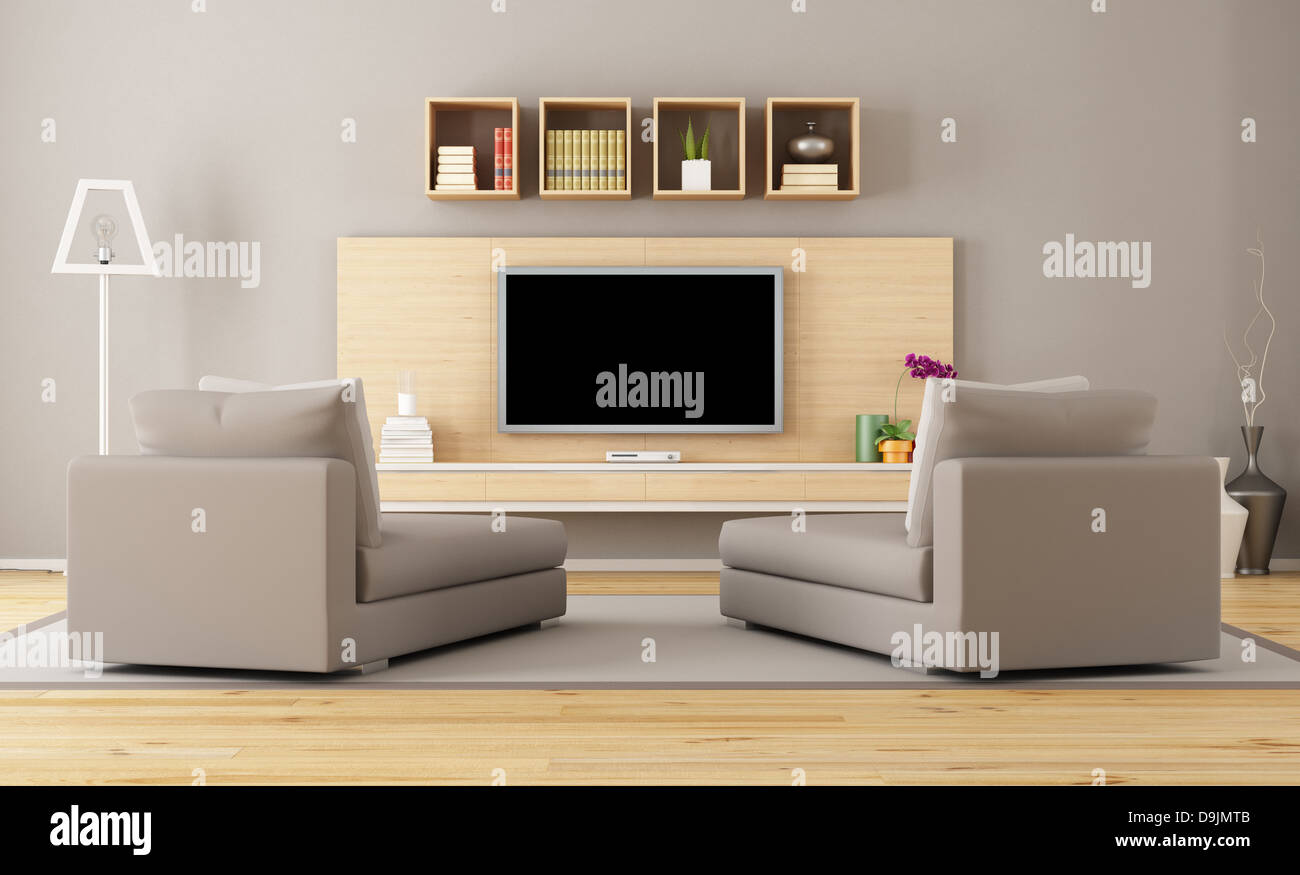 Contemporary living room with TV - rendering Stock Photo - Alamy