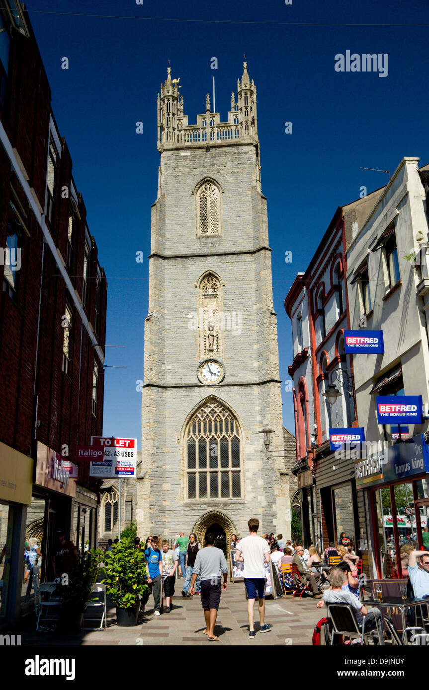 church street and st johns church, cardiff, wales Stock Photo - Alamy