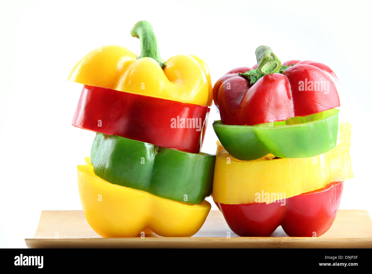 Slice the Three color of bell pepper in Arranged vertically on Bamboo ...