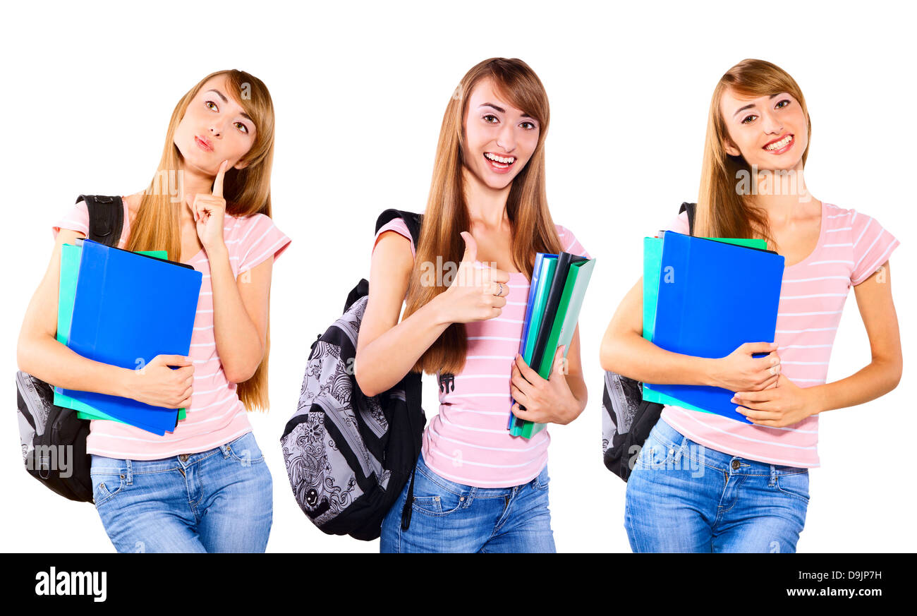Beautiful female student holding notebook and smiling, isolated ...