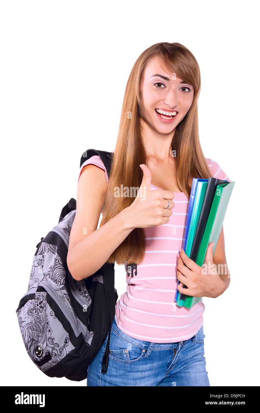 Beautiful female student holding notebook and smiling, isolated ...