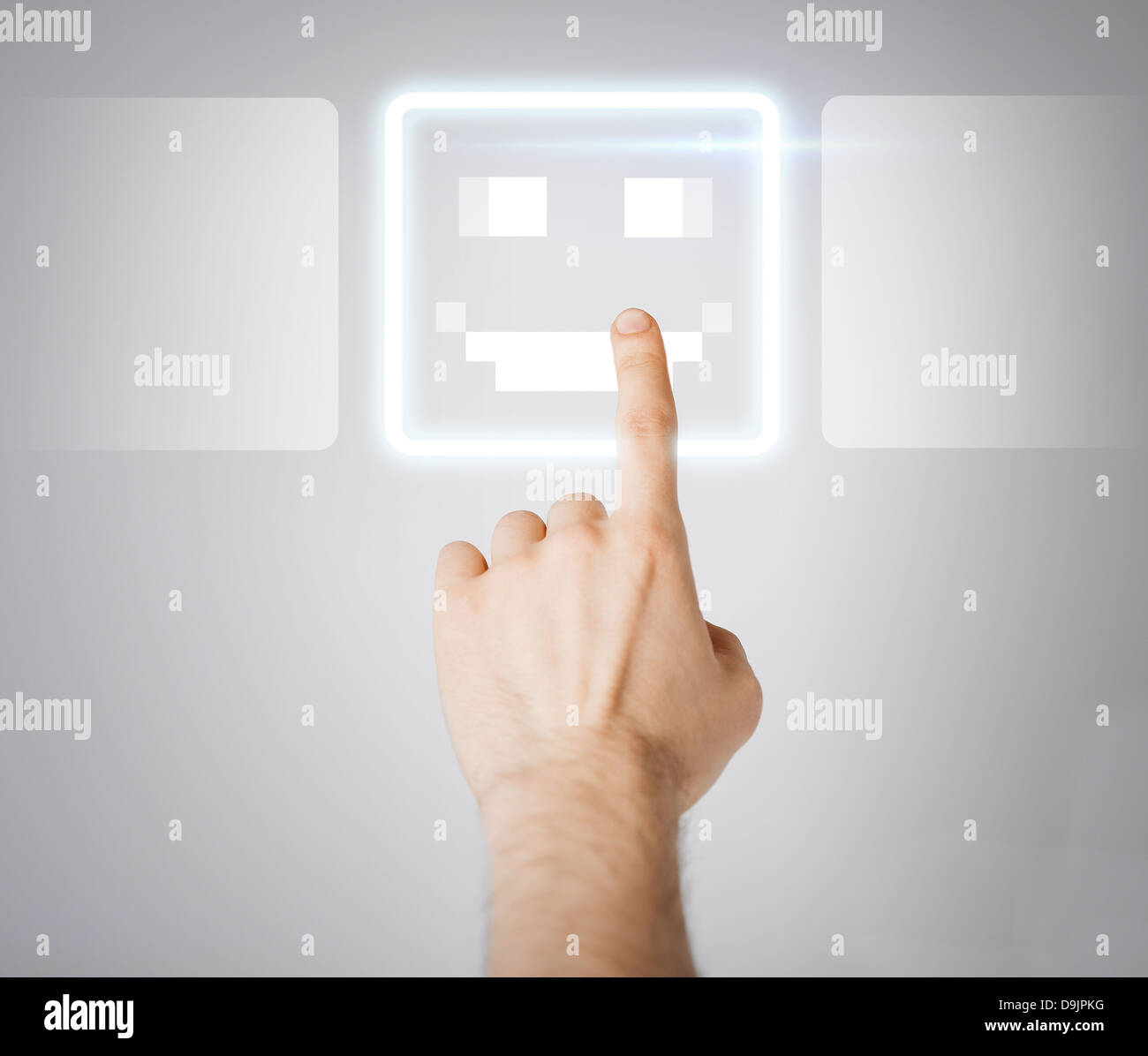 hand touching virtual screen with smile button Stock Photo - Alamy