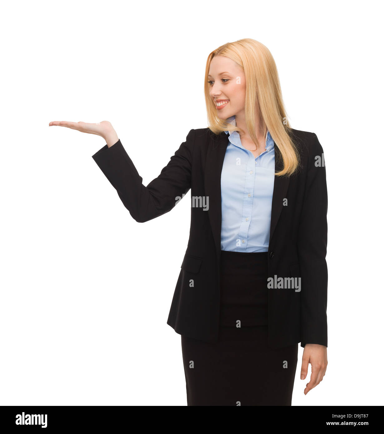 man showing something imaginary on her hand Stock Photo - Alamy