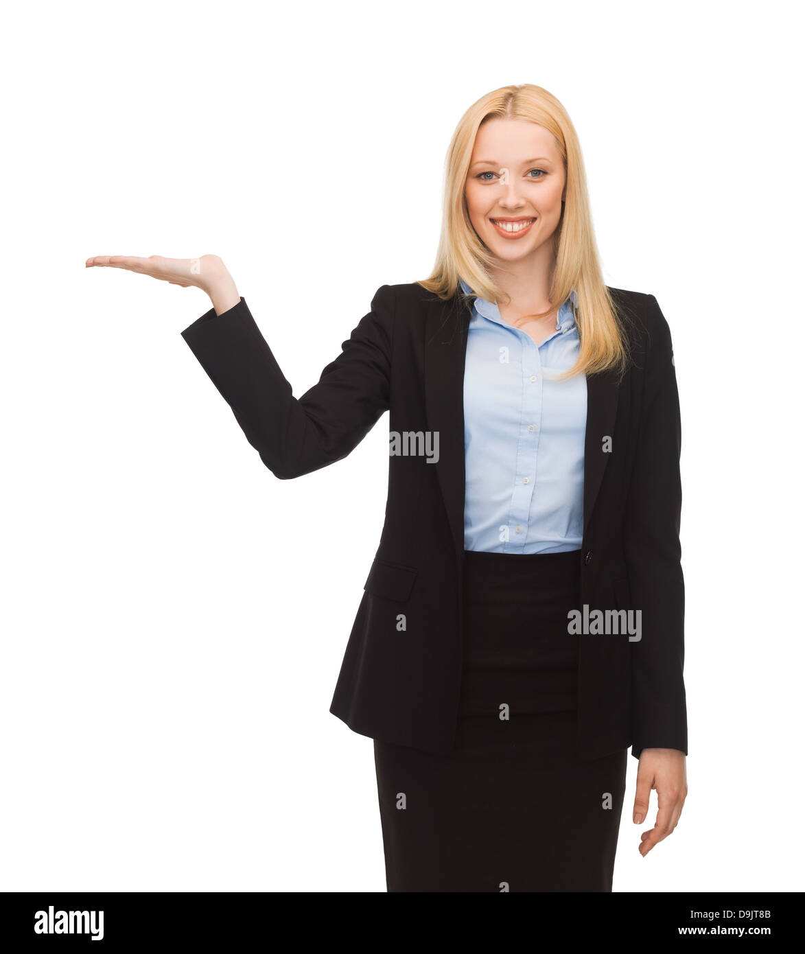 man showing something imaginary on her hand Stock Photo - Alamy