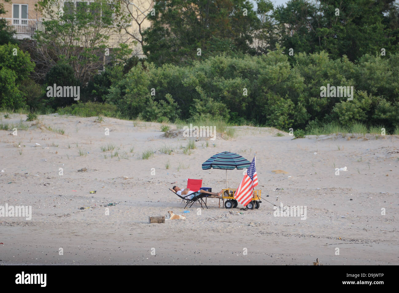 A man and his dog on the beach at Coney Island Creek in Brooklyn, New ...