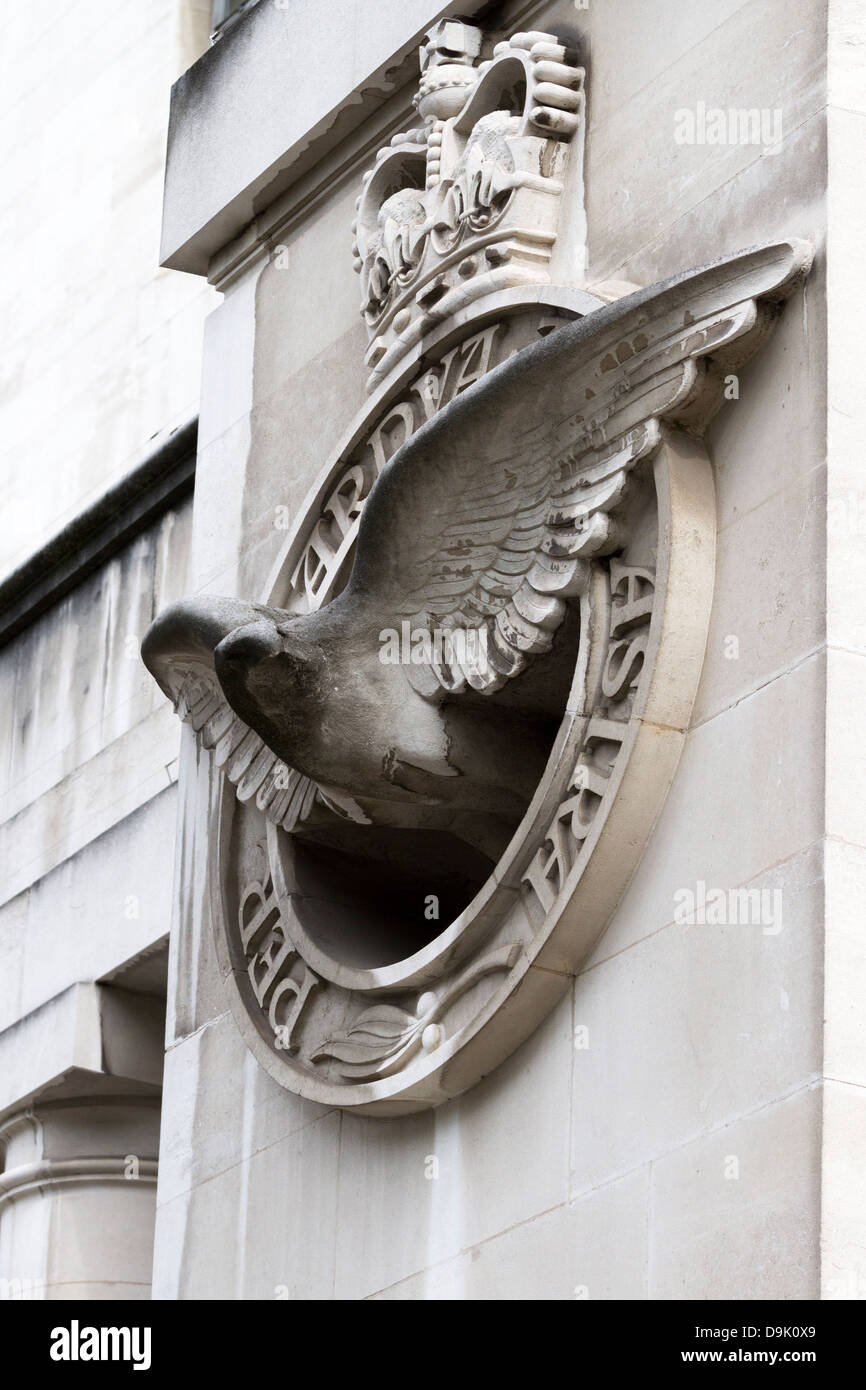 Stone RAF insignia/crest on facade of Ministry of Defence main building ...