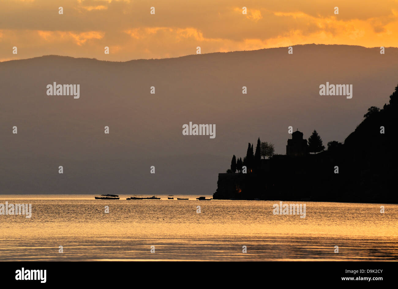 Lake Ohrid at sunset with silhouette of St Jovan Kaneo church, Ohrid ...