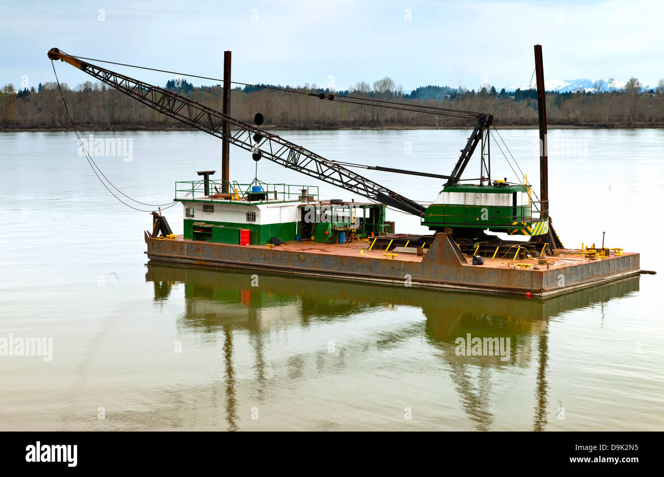 Floating barge and heavy duty crane, Suvie Island Oregon Stock Photo ...