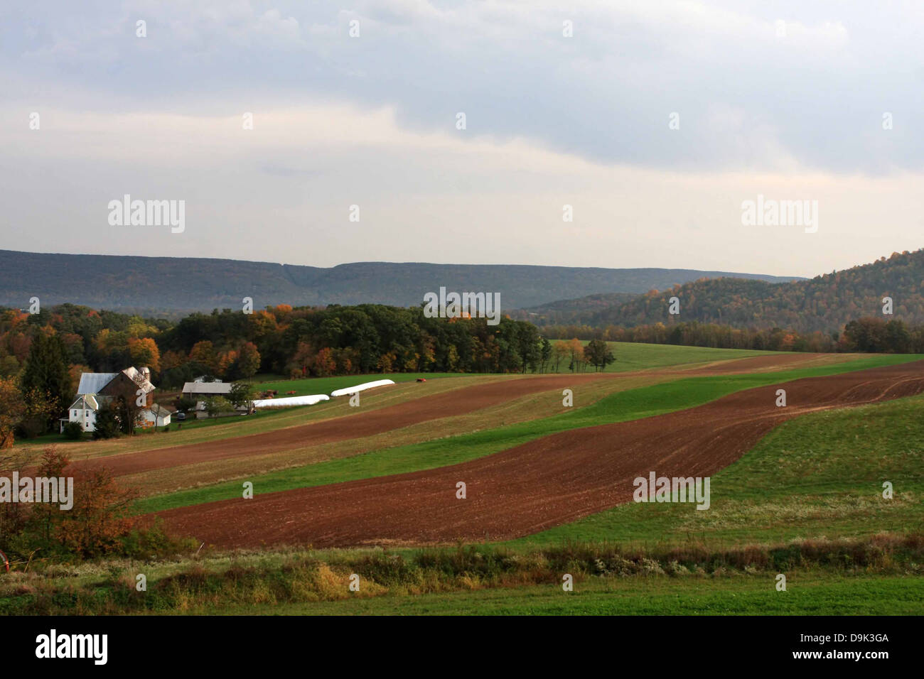 farm rural country fields house barn trees hill mountain plowed dirt ...