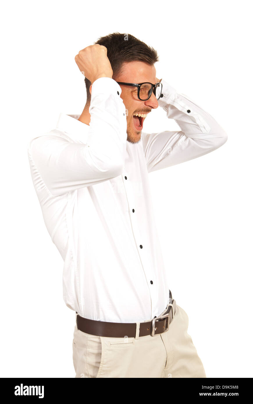 Crazy businessman screaming out loud isolated on white background Stock ...