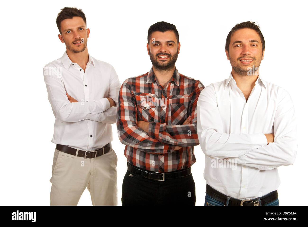 Happy three casual business men in a row isolated on white background ...