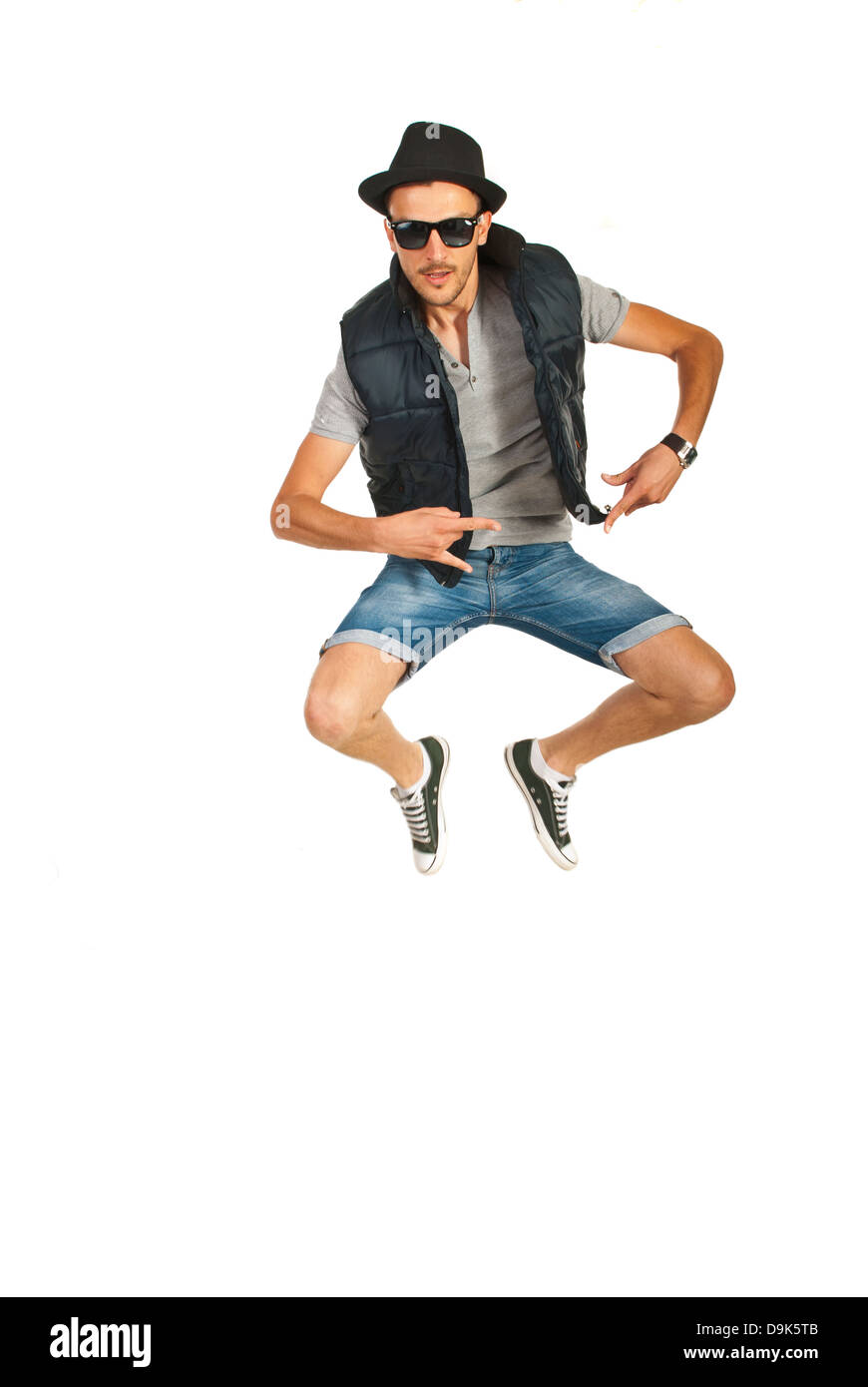 Jumping break dancer man with hat isolated on white background Stock ...