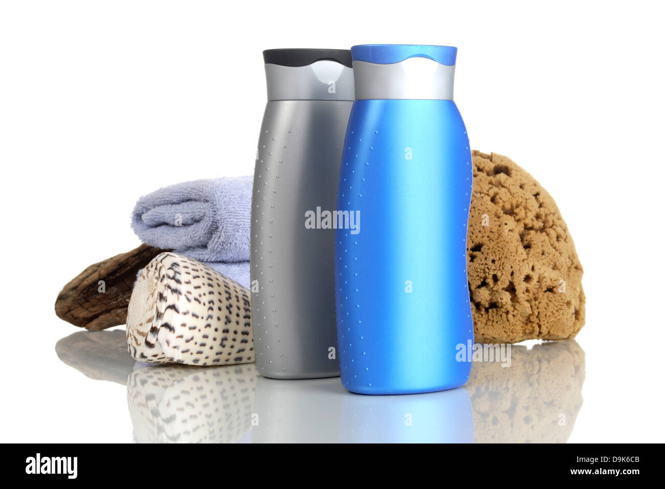 Shower gel with sponge and towel Stock Photo - Alamy