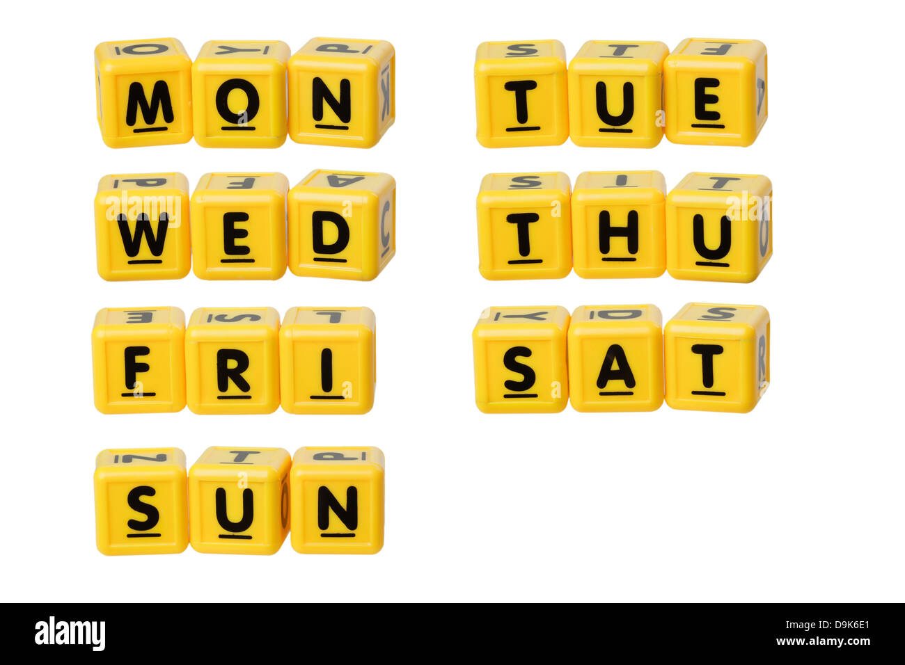 Alphabet blocks forming the days of the week isolated on white ...