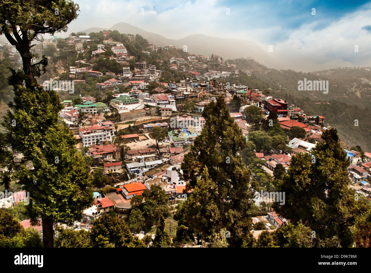 Houses in a town viewed from Gun Hill, Mussoorie, Uttarakhand, India ...