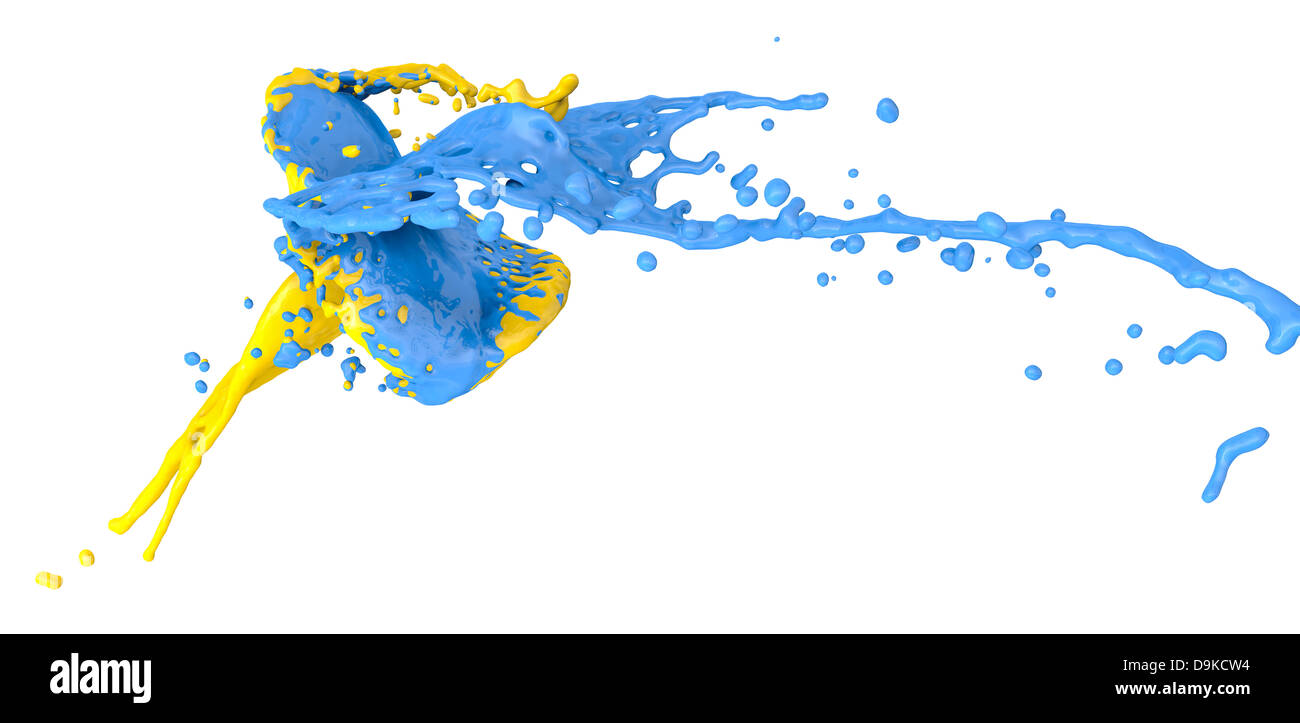 blue and yellow color splashes collide - isolated on white Stock Photo ...