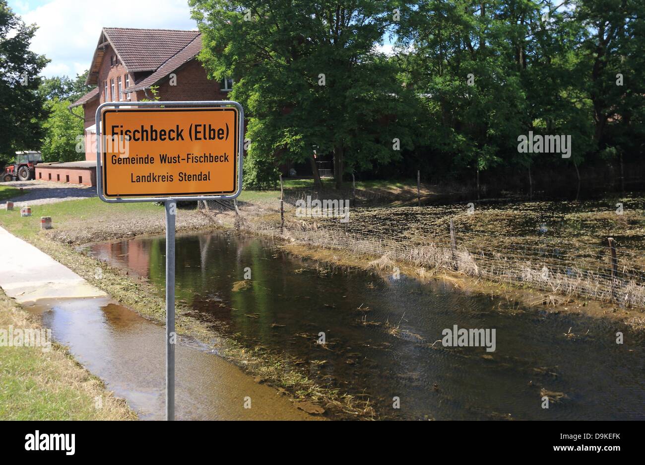 The flood waters are pictured along the Elbe River in Fischbeck ...