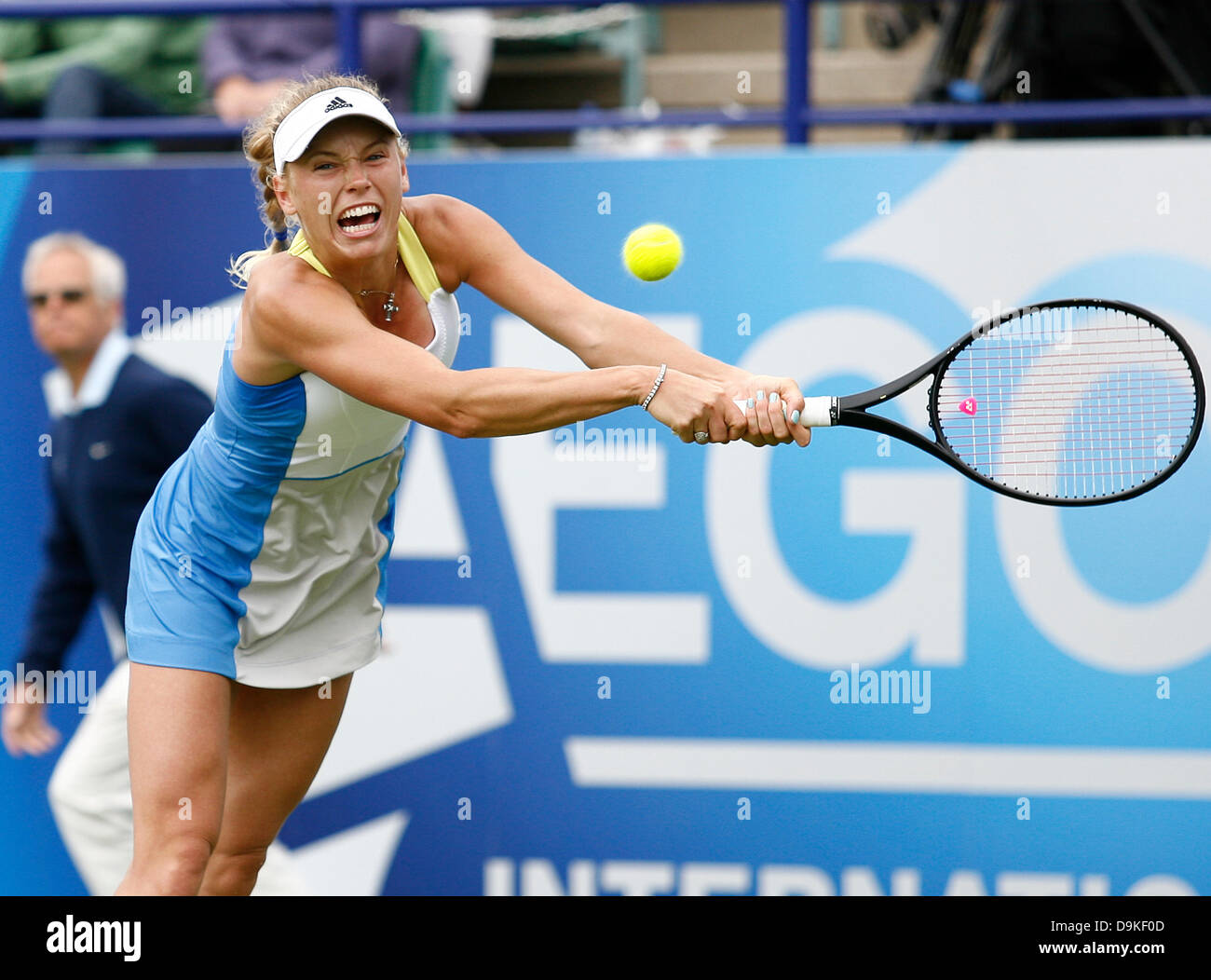 21.06.2013 Eastbourne, England. Jamie Hampton (USA) defeats Caroline Wozniacki(DEN) in Women ...