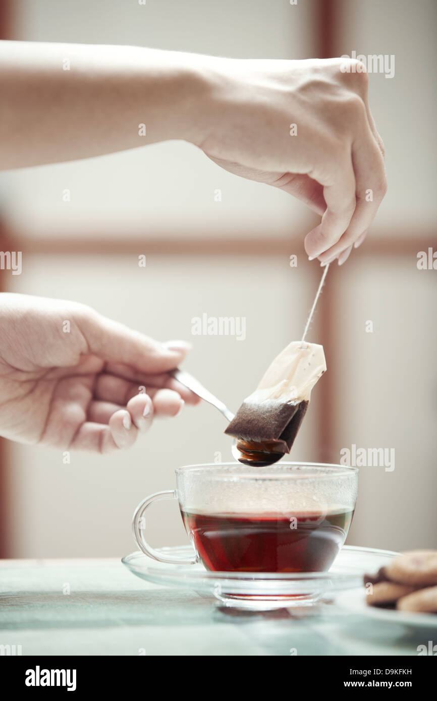 Human hands making tea Stock Photo - Alamy