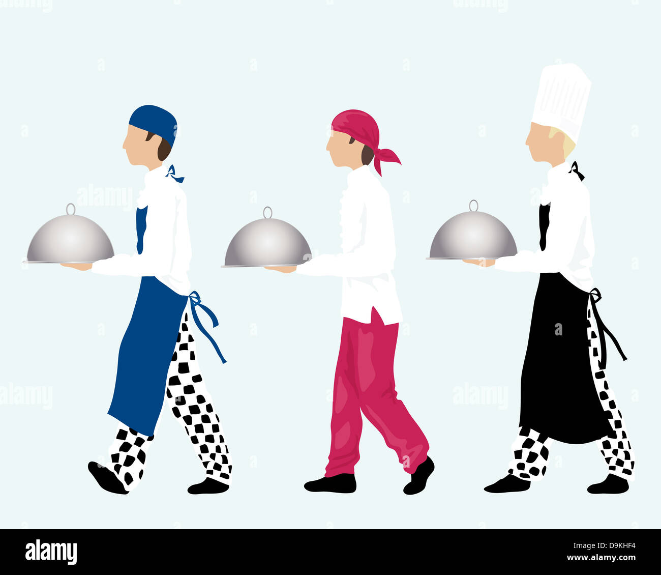 an illustration of three chefs carrying trays dressed in different ...