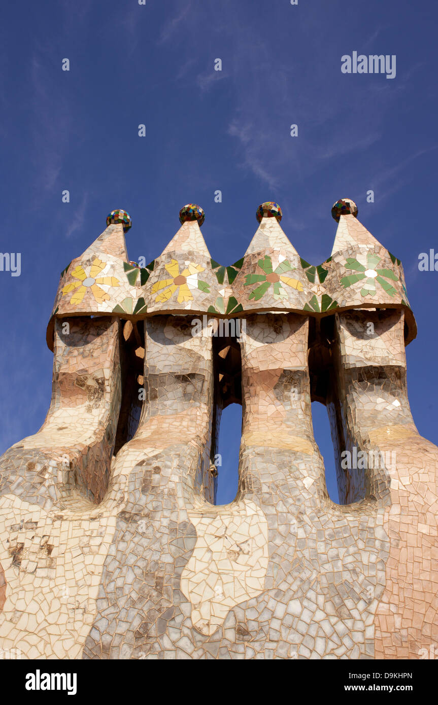 Ornate chimneys on the roof of Casa Batllo, Barcelona, Spain Stock ...
