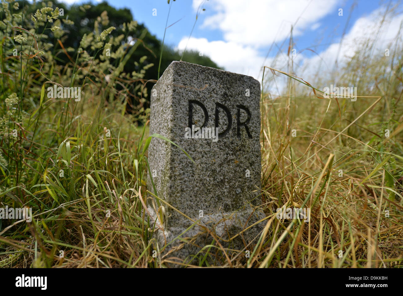 A border marker reading "DDR" is pictured at the former border crossing ...