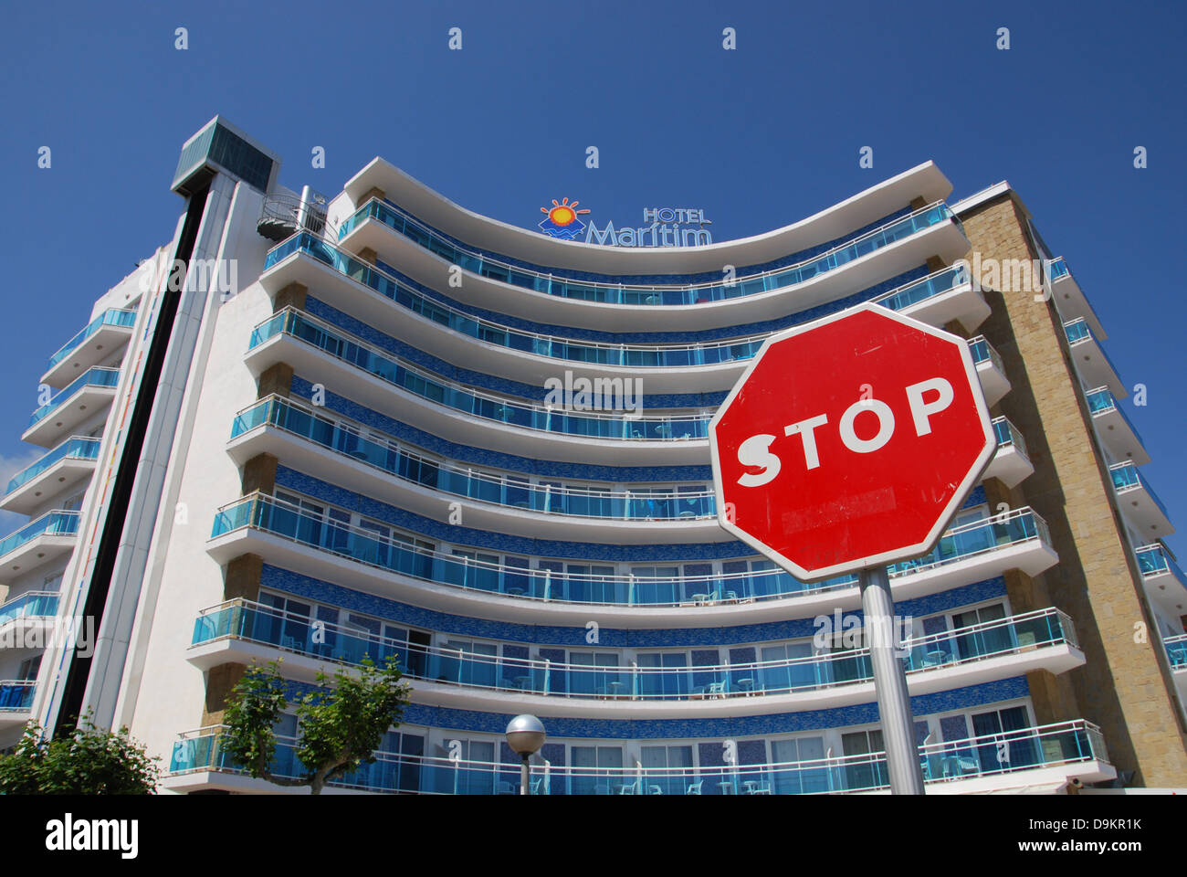 facade of Maritim hotel Calella Costa Dorada Spain, with STOP sign ...