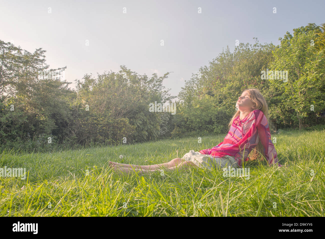 Girl sitting in field during summer Stock Photo - Alamy