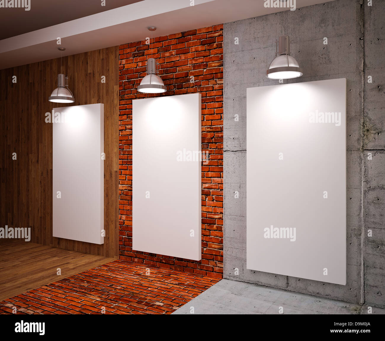 Banner on wall with lamps, modern interior Stock Photo - Alamy
