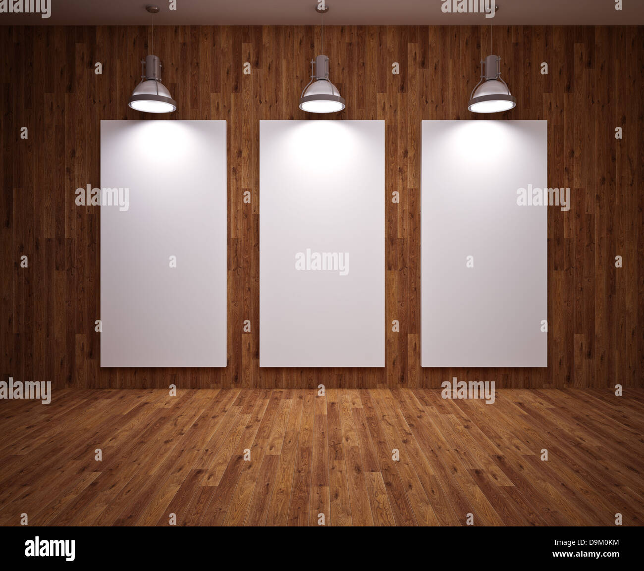 Banner on wooden wall with lamps, modern interior Stock Photo - Alamy