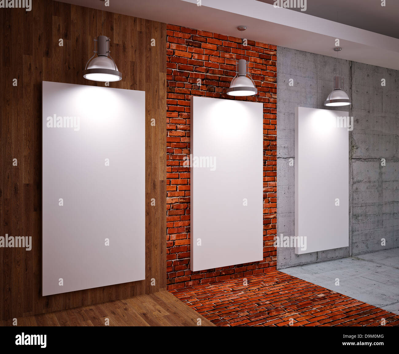 Banner on wooden wall with lamps, modern interior Stock Photo - Alamy