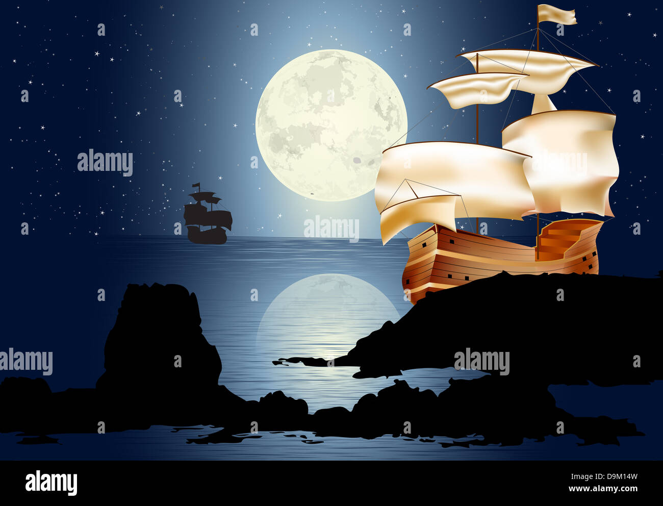 A Sailboat In The Moonlight. Seascape with rocks and full moon with ...