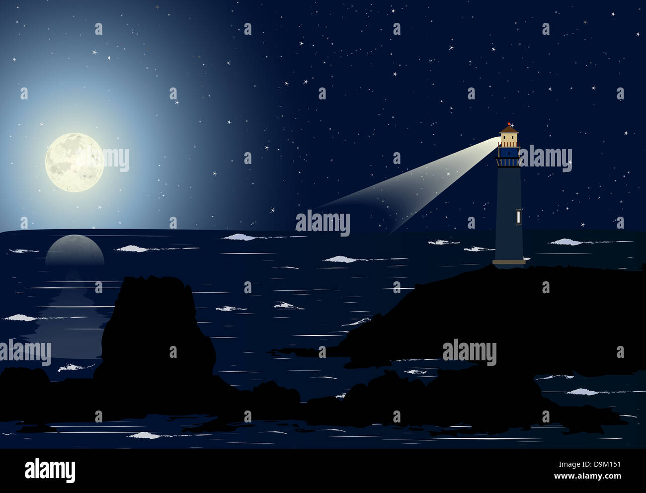 Lighthouse at night with full moon and stars Stock Photo - Alamy