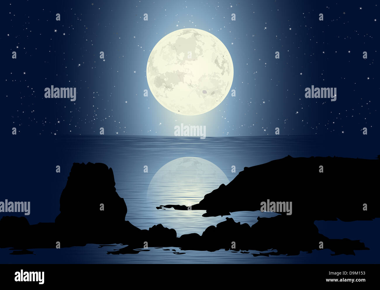 Seascape with rocks and full moon with stars Stock Photo - Alamy