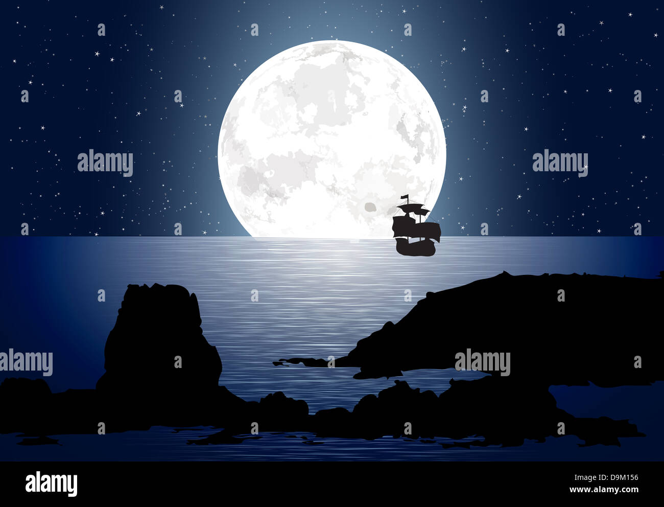 Big moon over the ocean along with a small sailboat Stock Photo - Alamy