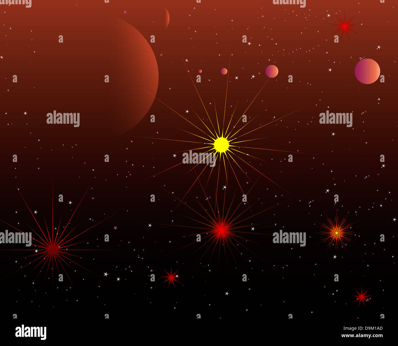 Red space planet system with big yellow star Stock Photo - Alamy