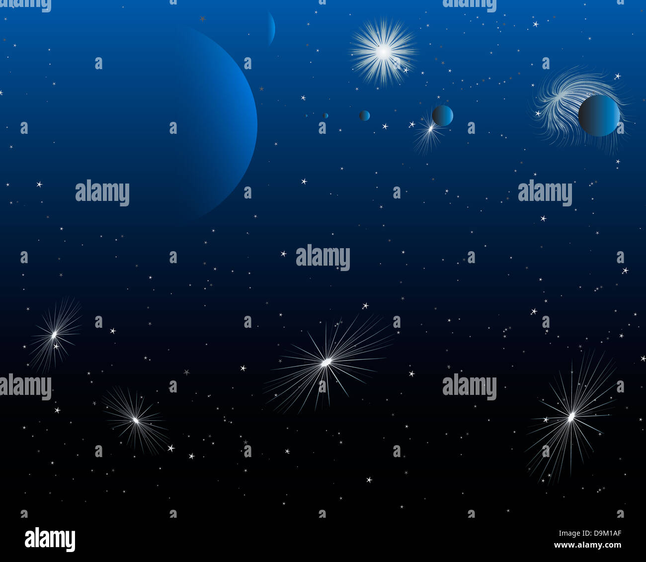 Blue space star-bursts with planet system Stock Photo - Alamy