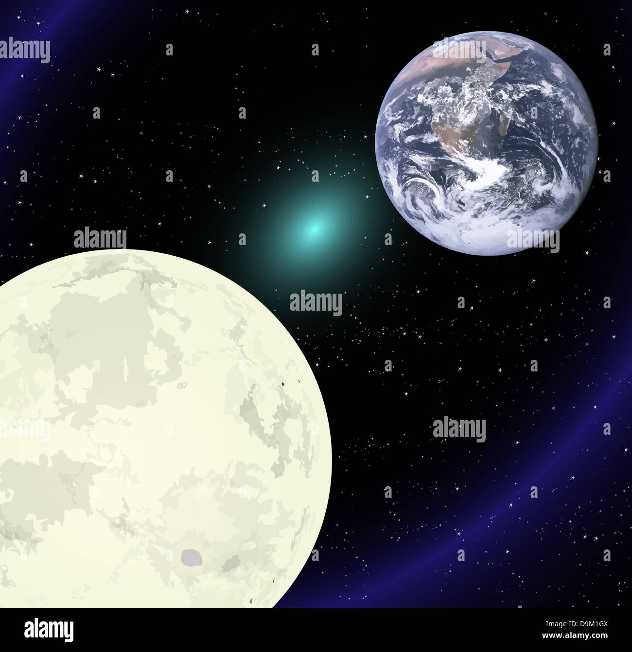 Earth and moon illustration with stars and a remote galaxy Stock Photo ...