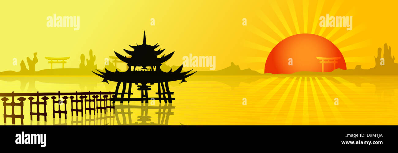 Asian landscape with a big red sun Stock Photo - Alamy