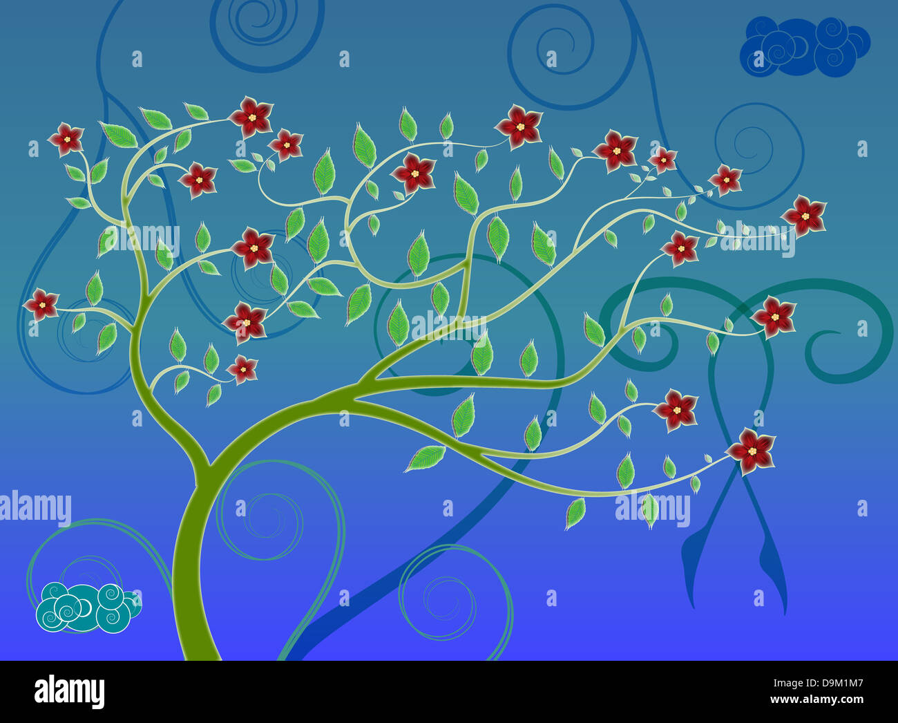 Tree art at blue background with ornaments Stock Photo - Alamy