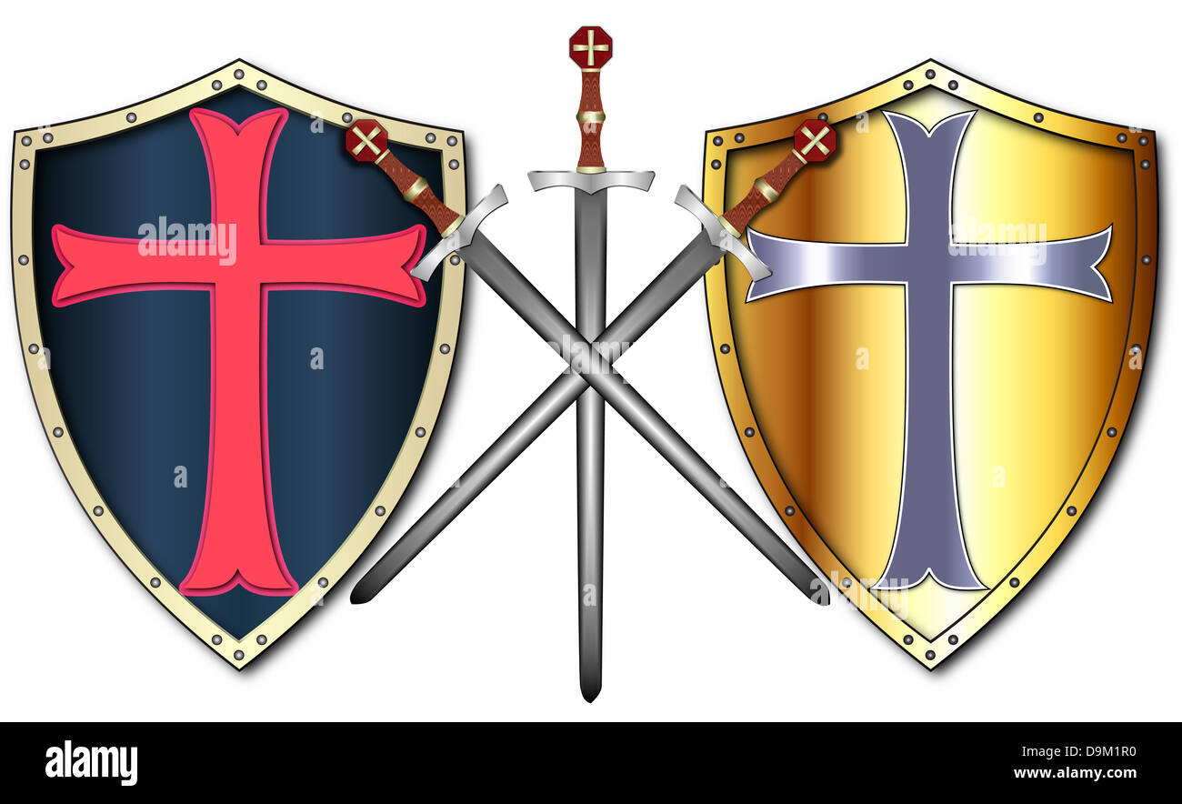 Two different Crusader shields and three swords Stock Photo - Alamy