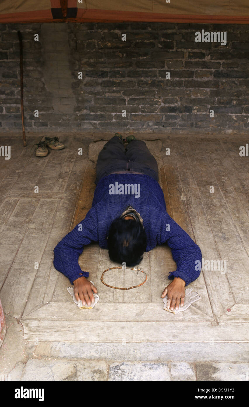Tibetan Buddhist worshiper prostrating in the Tibetan gompa Kumbum ...